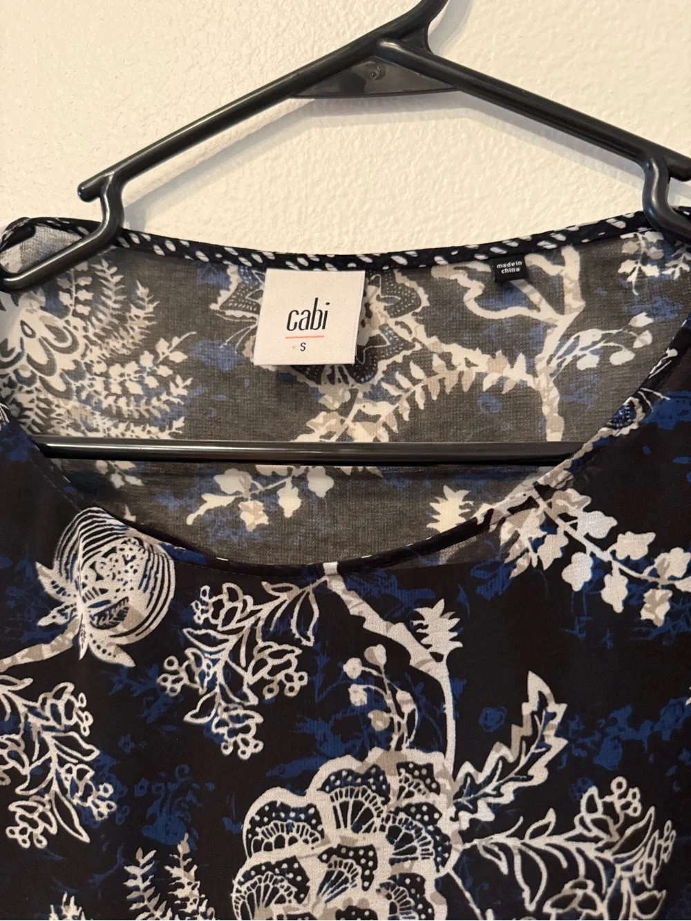 CAbi | Tops | Cabi Navy Blue And White Floral Layered Ruffle Blouse ...